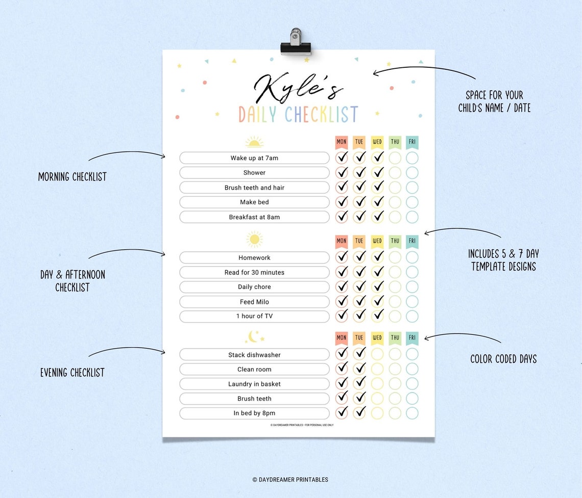 Editable Daily Routine Checklist for Kids, Printable Kids Routine ...
