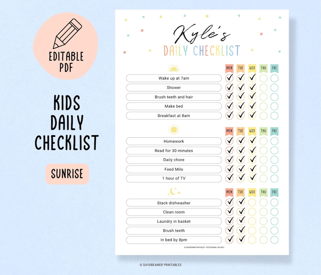 Editable Daily Routine Checklist for Kids, Printable Kids Routine ...