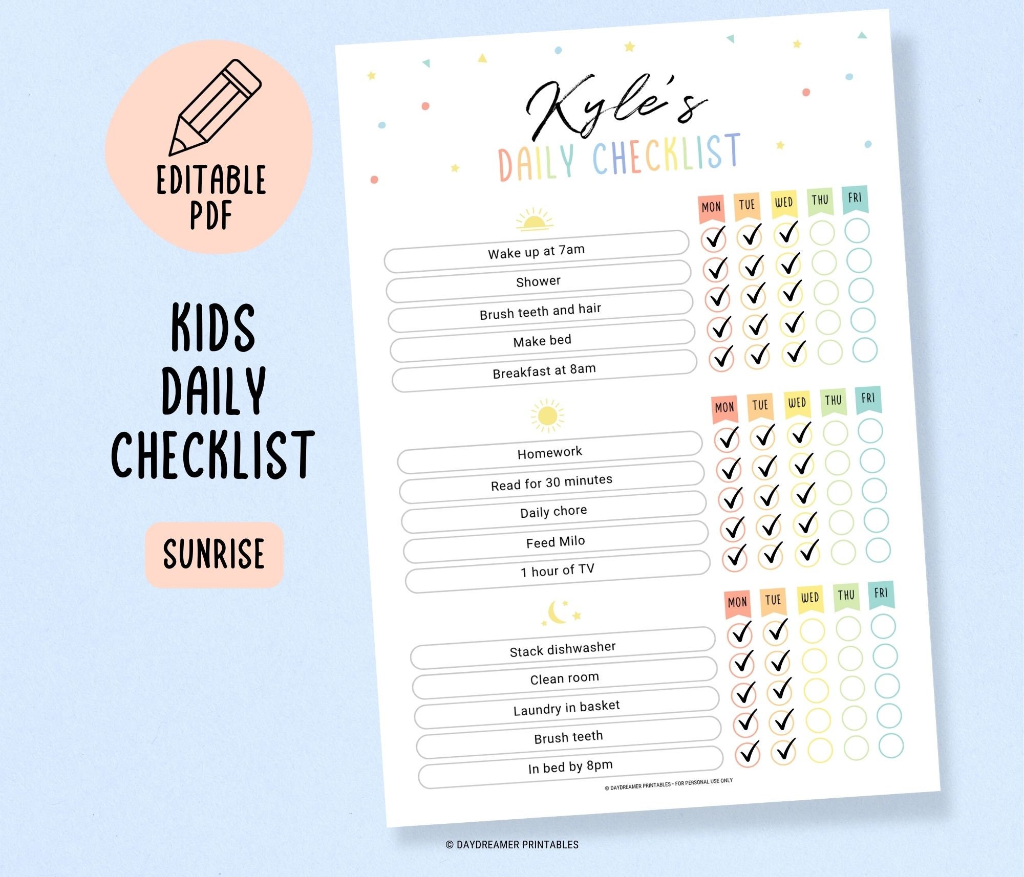 Editable Daily Routine Checklist for Kids, Printable Kids Routine ...