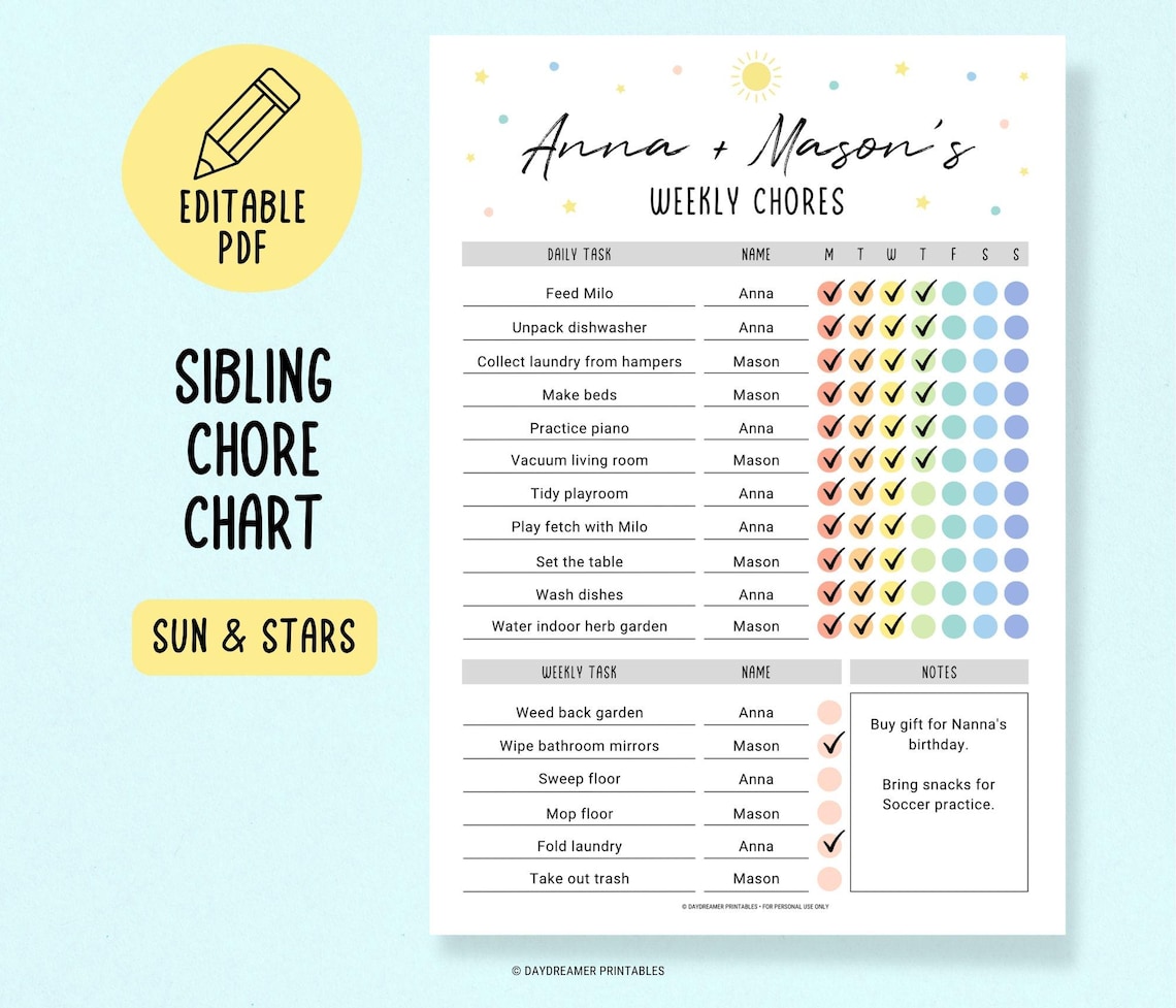 Editable Kids Chore Chart With Reward Printable Family Chore Chart Kids ...