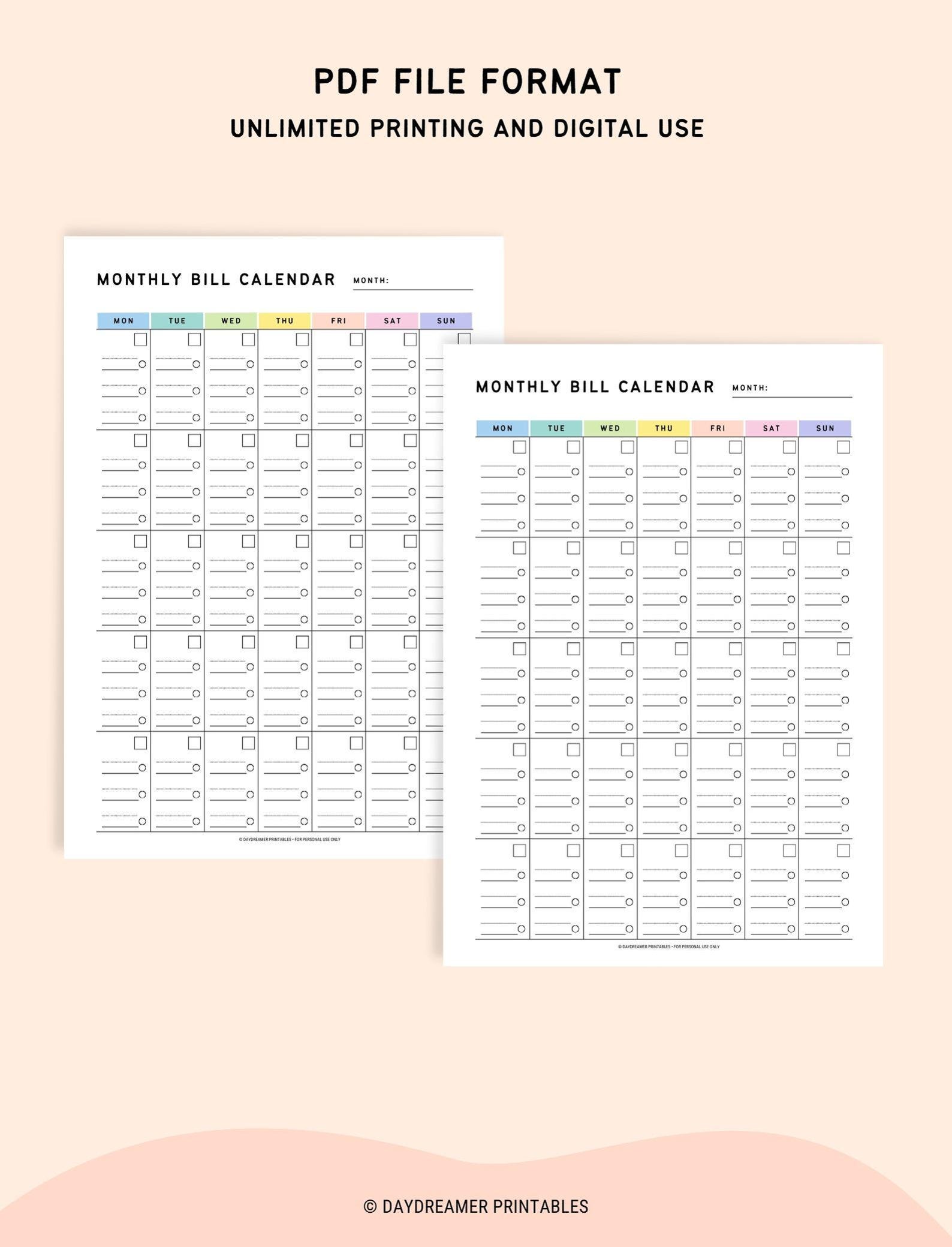 Monthly Bill Tracker PDF Printable Bill Calendar, Color-coded Monthly ...