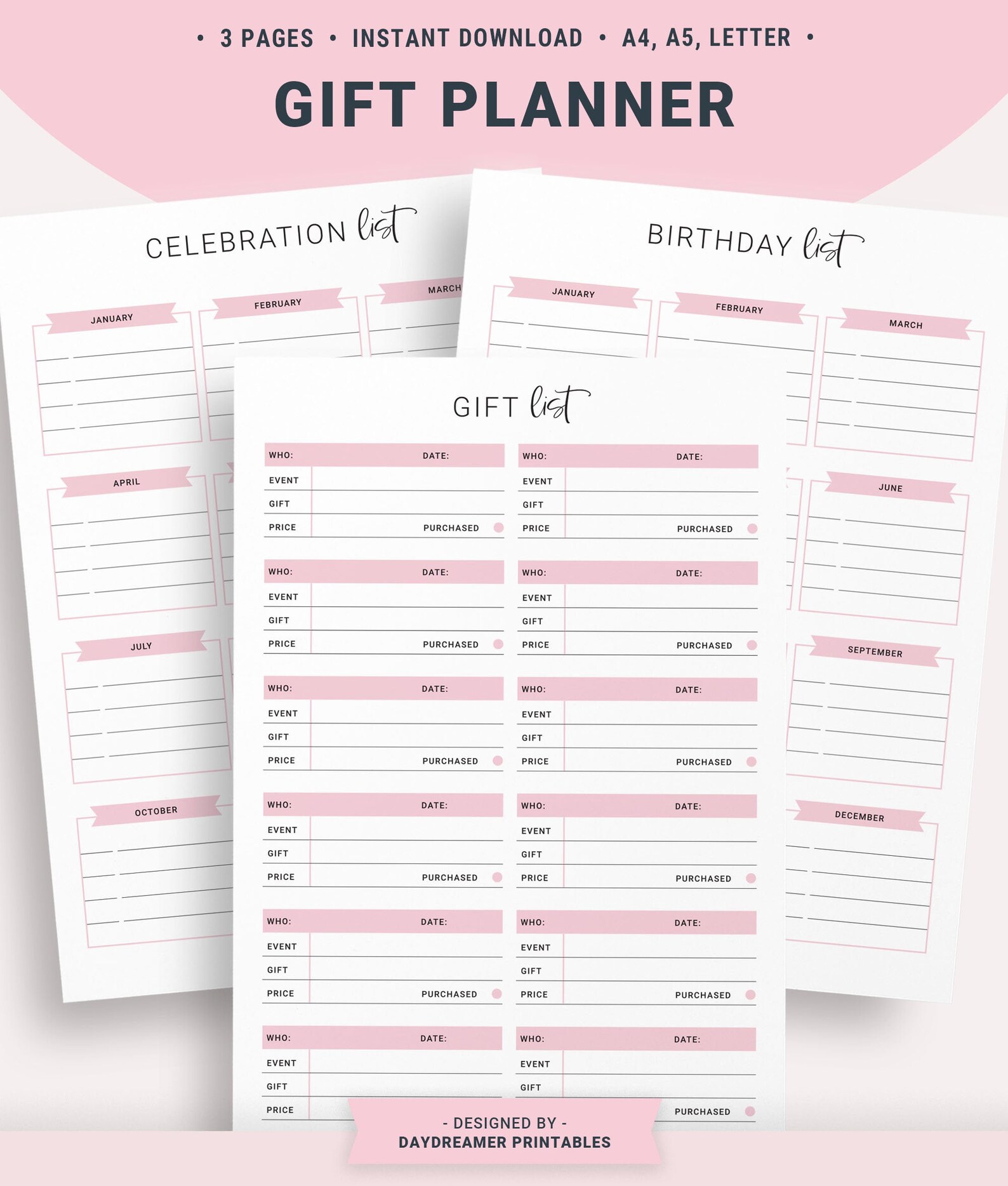 Perpetual Birthday Calendar Planner, Gift List Printable, Celebration ...