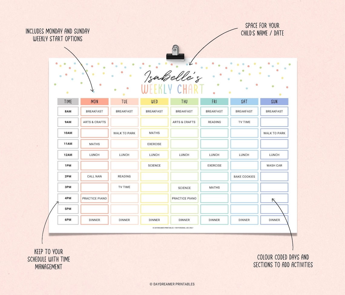 Editable Kids Weekly Planner Schedule Chart Kids Daily - Etsy