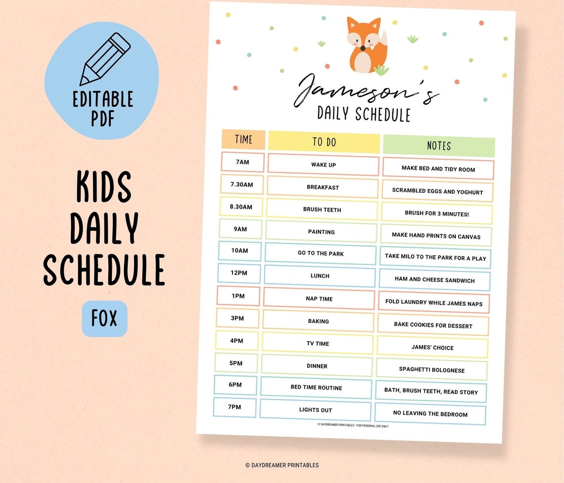 Editable Kids Daily Planner Kids Schedule Printable Schedule - Etsy