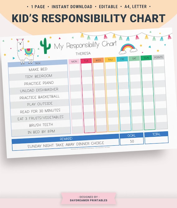 Kids Responsibility Chart Printable Responsibility Chart for | Etsy