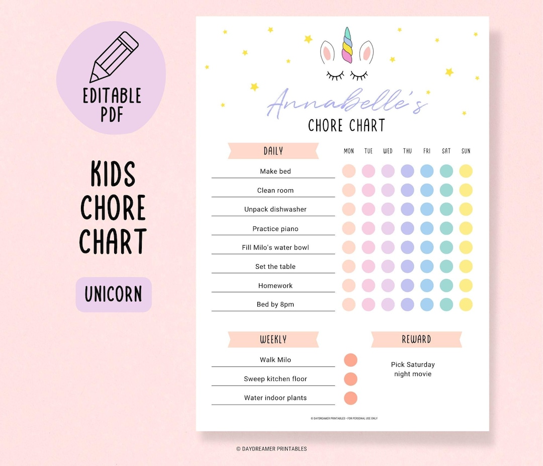 Chore Chart for Kids Printable, Kids Reward Chart, Kids Daily ...