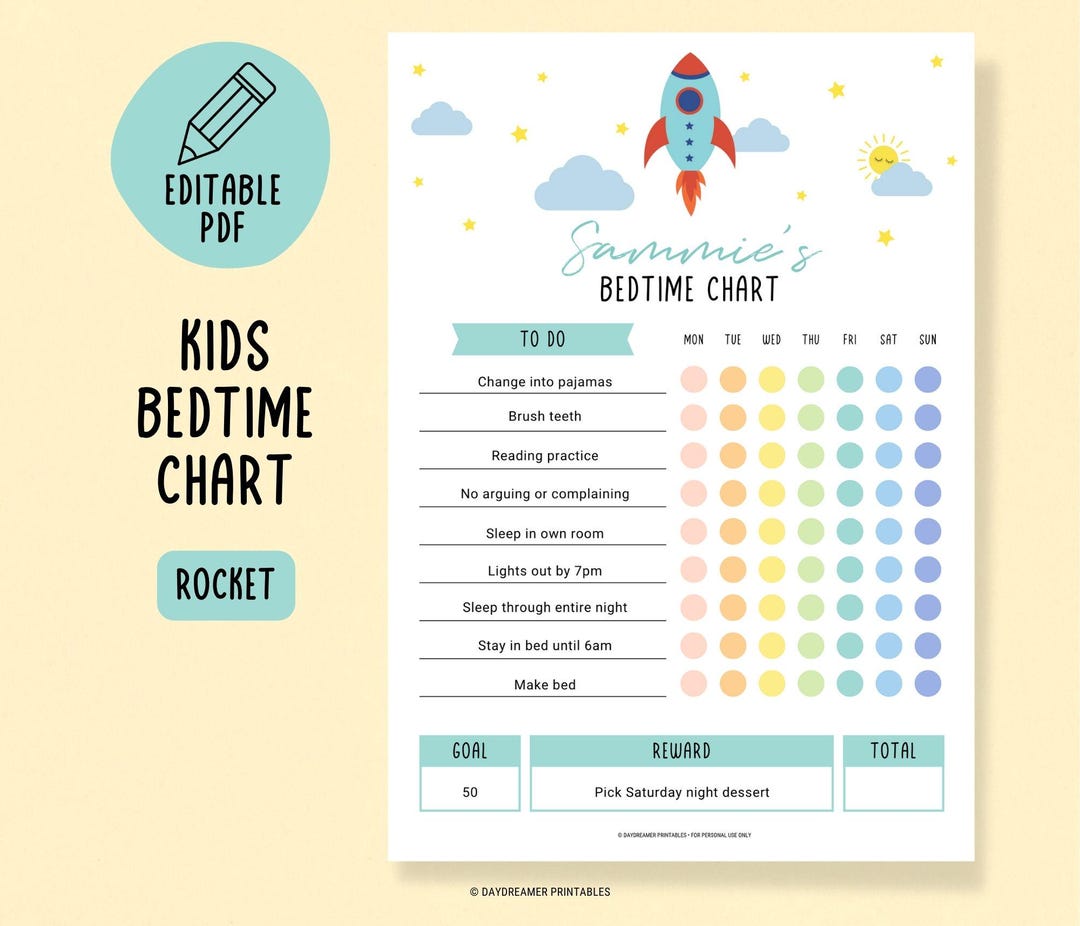 Kids Bedtime Routine Chart Editable, Stay in Bed Reward Chart Printable ...