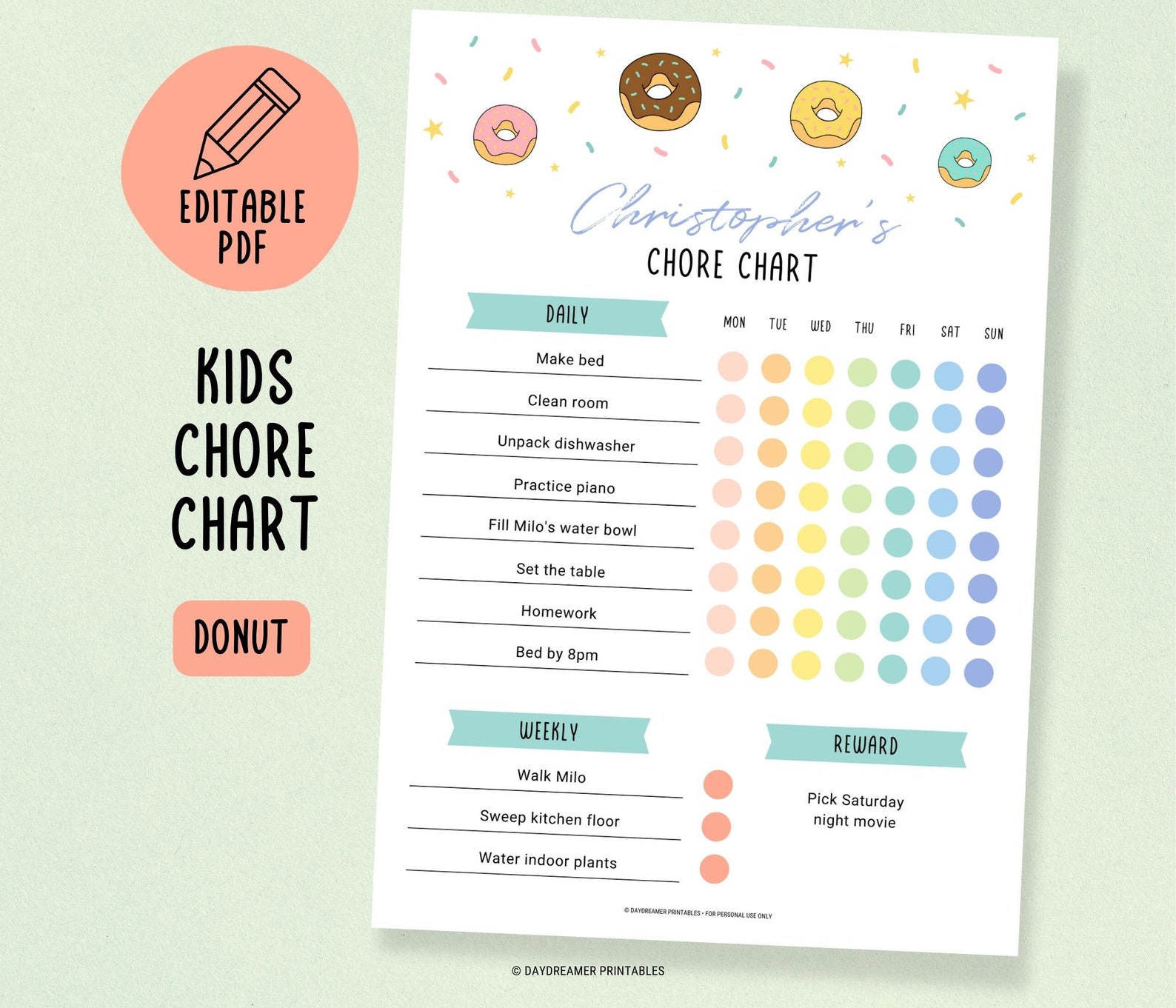 Printable Kids Chore Chart With Reward System, Editable Chore Chart for ...