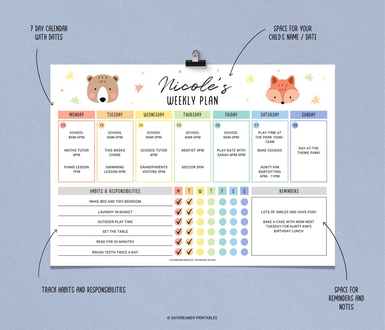 Kids Weekly Planner Printable, Childrens Activity Schedule Template ...