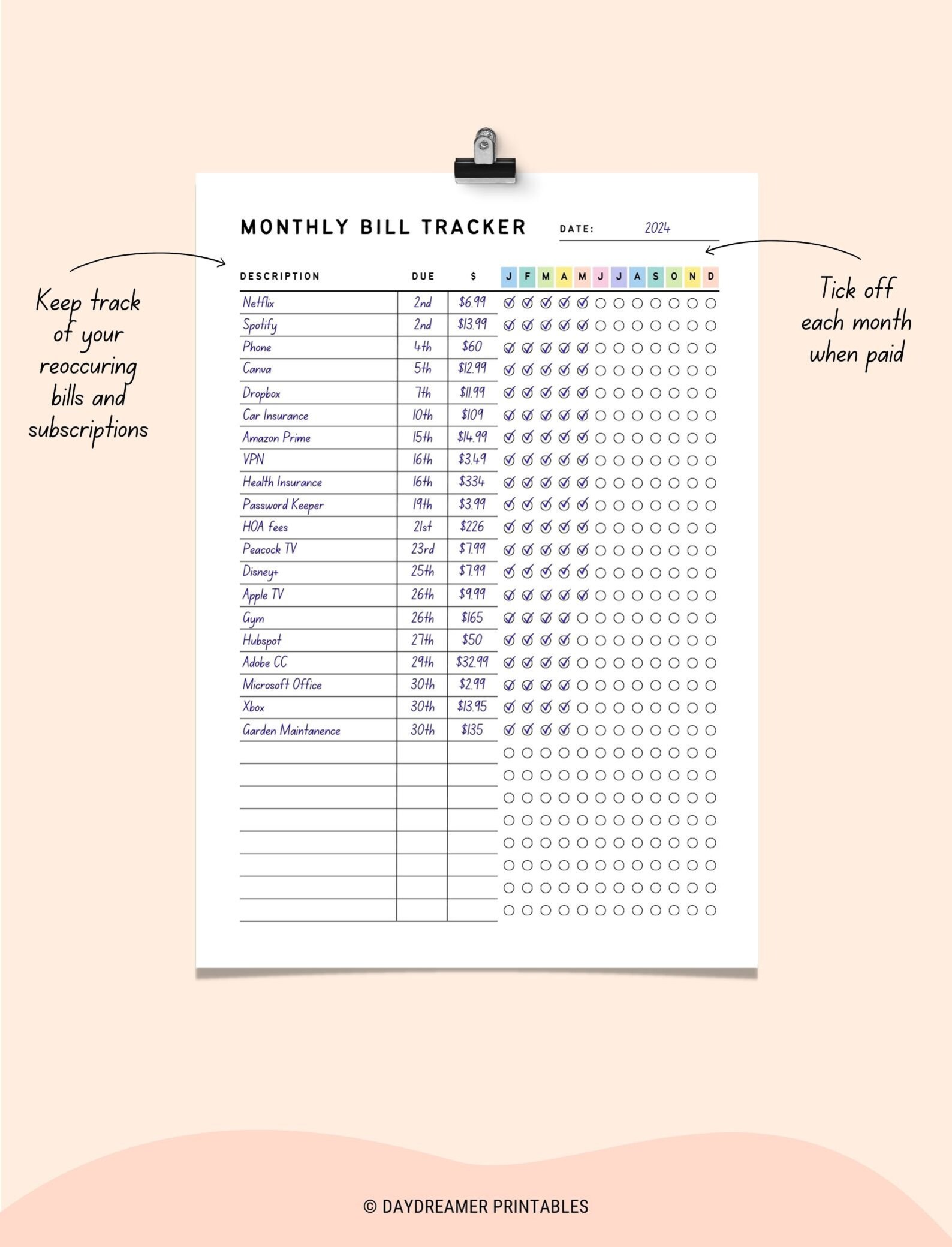 Monthly Bills and Subscription Tracker Printable for Personal Finance ...