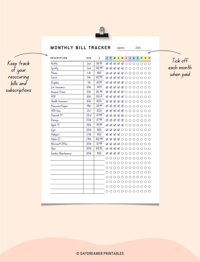 Monthly Bills and Subscription Tracker Printable for Personal Finance ...
