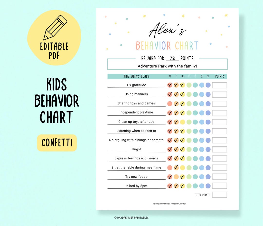 Behavior Chart for Kids, Printable Reward Chart for Good Behaviour ...