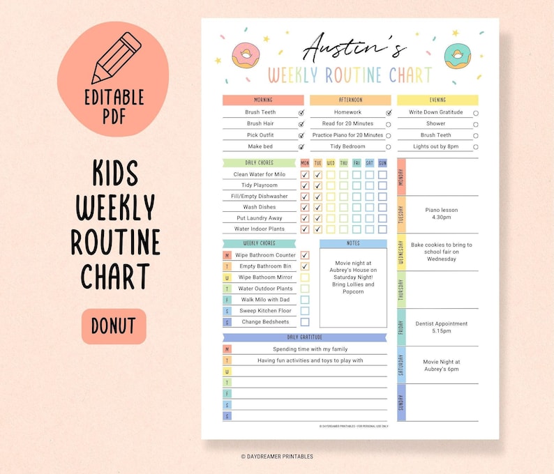 Editable Kids Routine Chore Chart Printable, Daily Planner for Kids ...