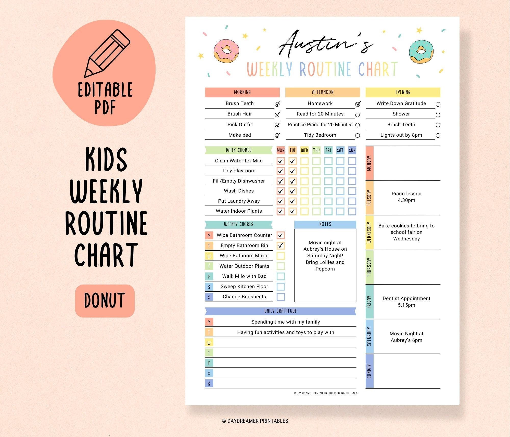 Editable Kids Routine Chore Chart Printable, Daily Planner for Kids ...