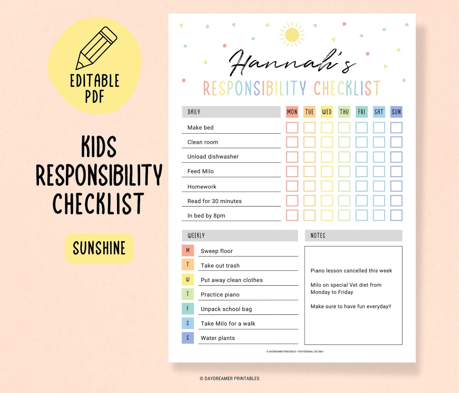 Editable Responsibility Chore Chart for Kids, Rainbow Responsibility ...