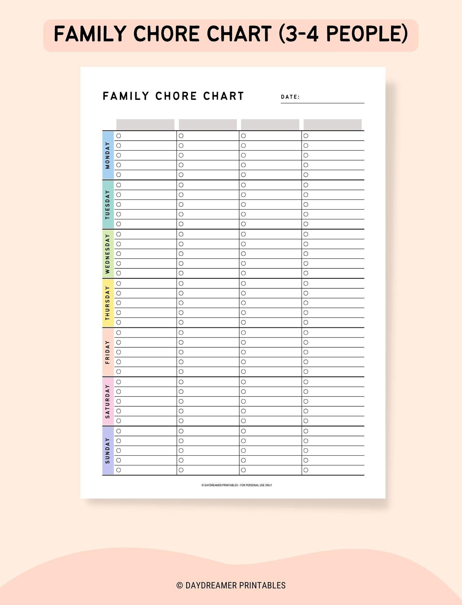 Weekly Family Chore Chart Printable, Daily Household Chores List for 3 ...