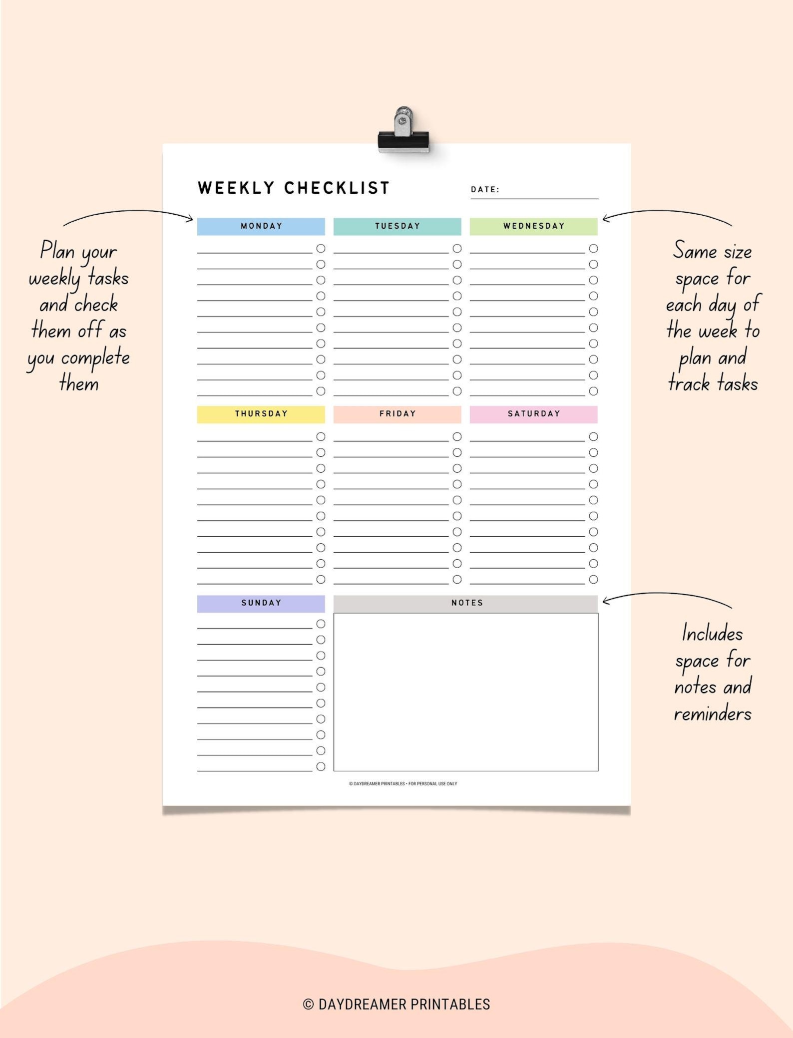 Weekly Checklist Printable, Weekly to Do List Planner, Weekly Calendar ...