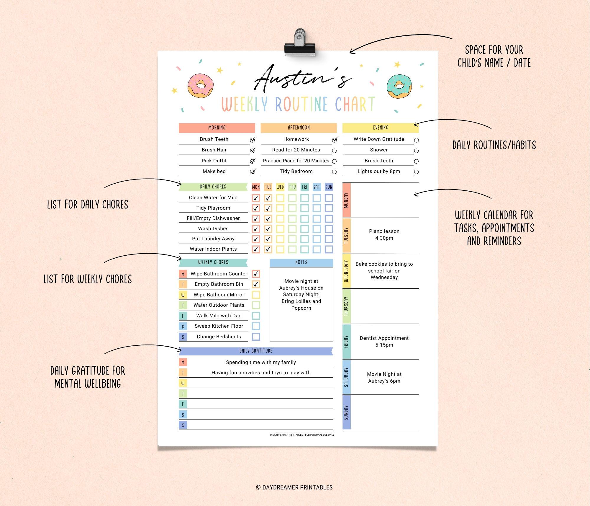 Editable Kids Routine Chore Chart Printable, Daily Planner for Kids ...