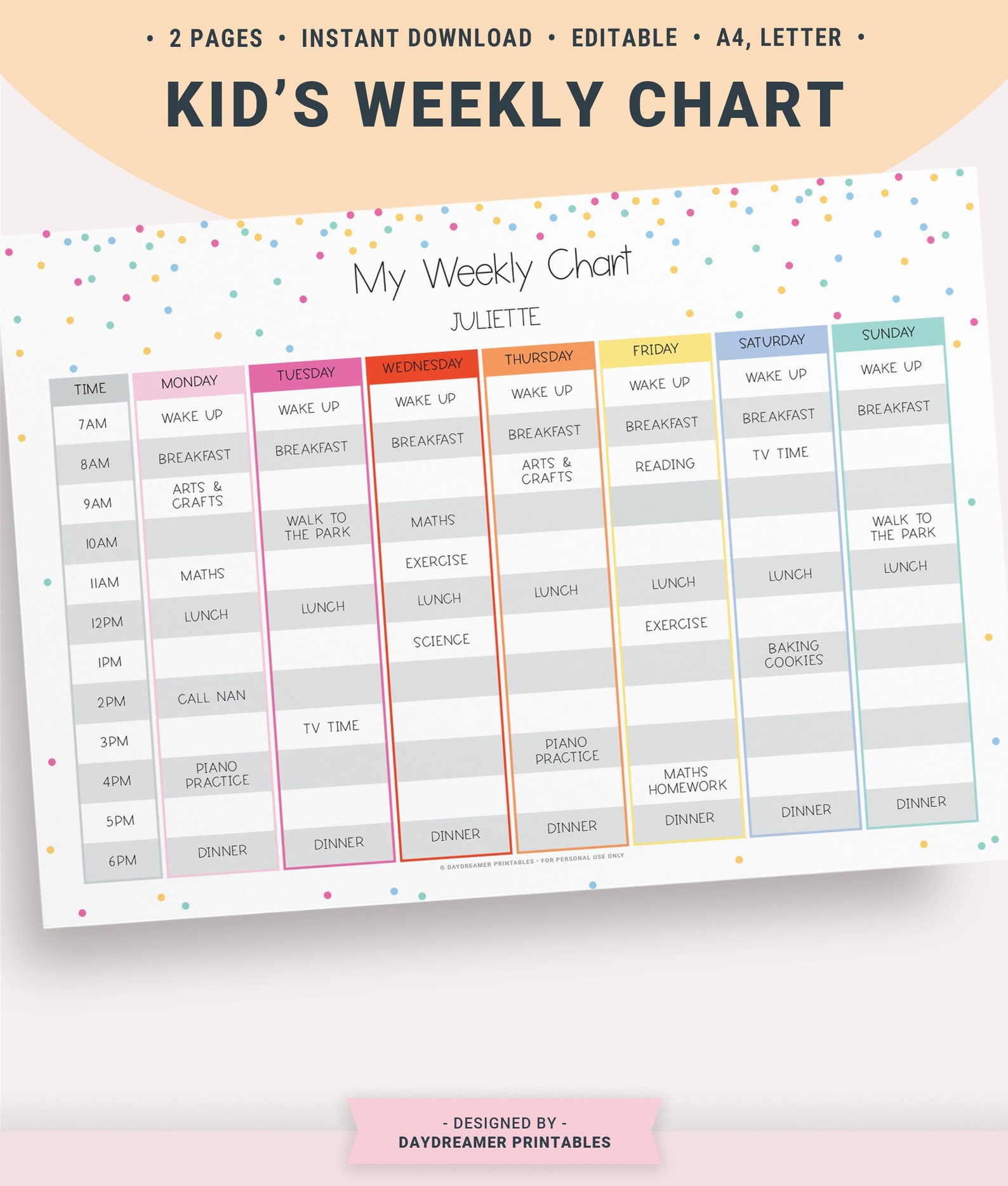 Editable Kids Weekly Planner Schedule Chart Kids Daily - Etsy
