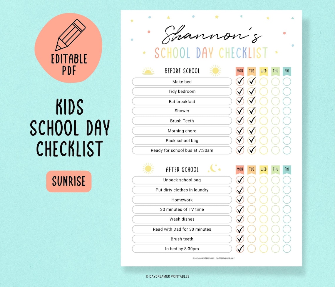 Kids Ready for School Daily Checklist Printable, School Day Routine for ...