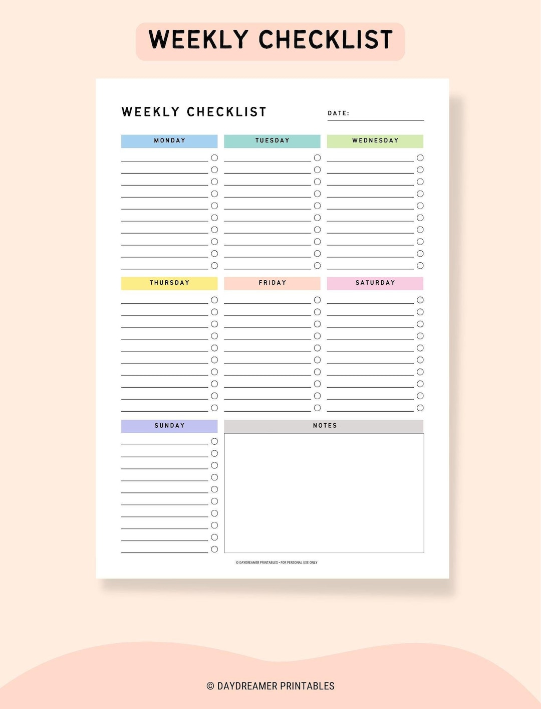 Weekly Checklist Printable, Weekly to Do List Planner, Weekly Calendar ...