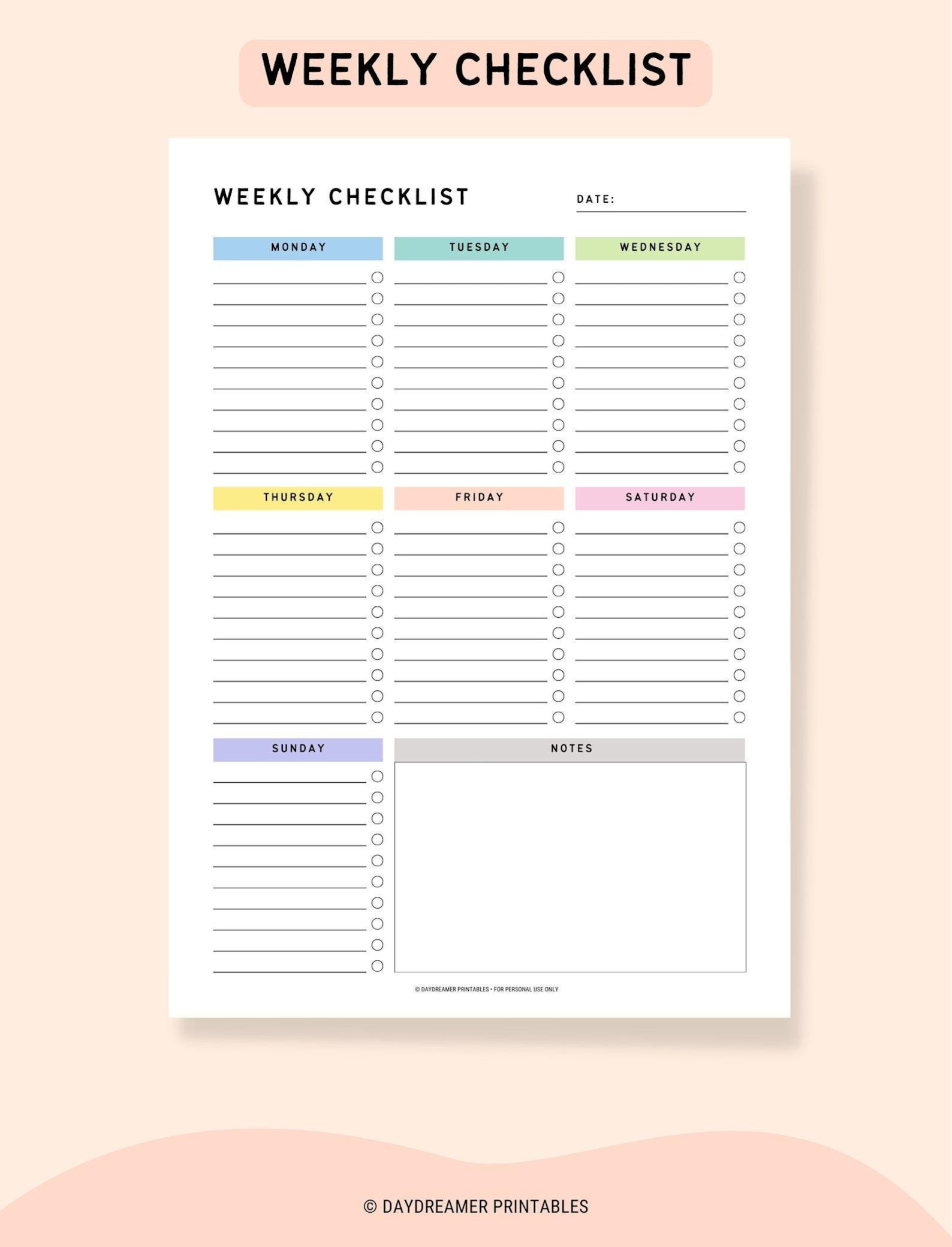 Weekly Checklist Printable, Weekly to Do List Planner, Weekly Calendar ...