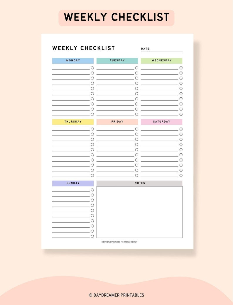 Weekly Checklist Printable, Weekly to Do List Planner, Weekly Calendar ...