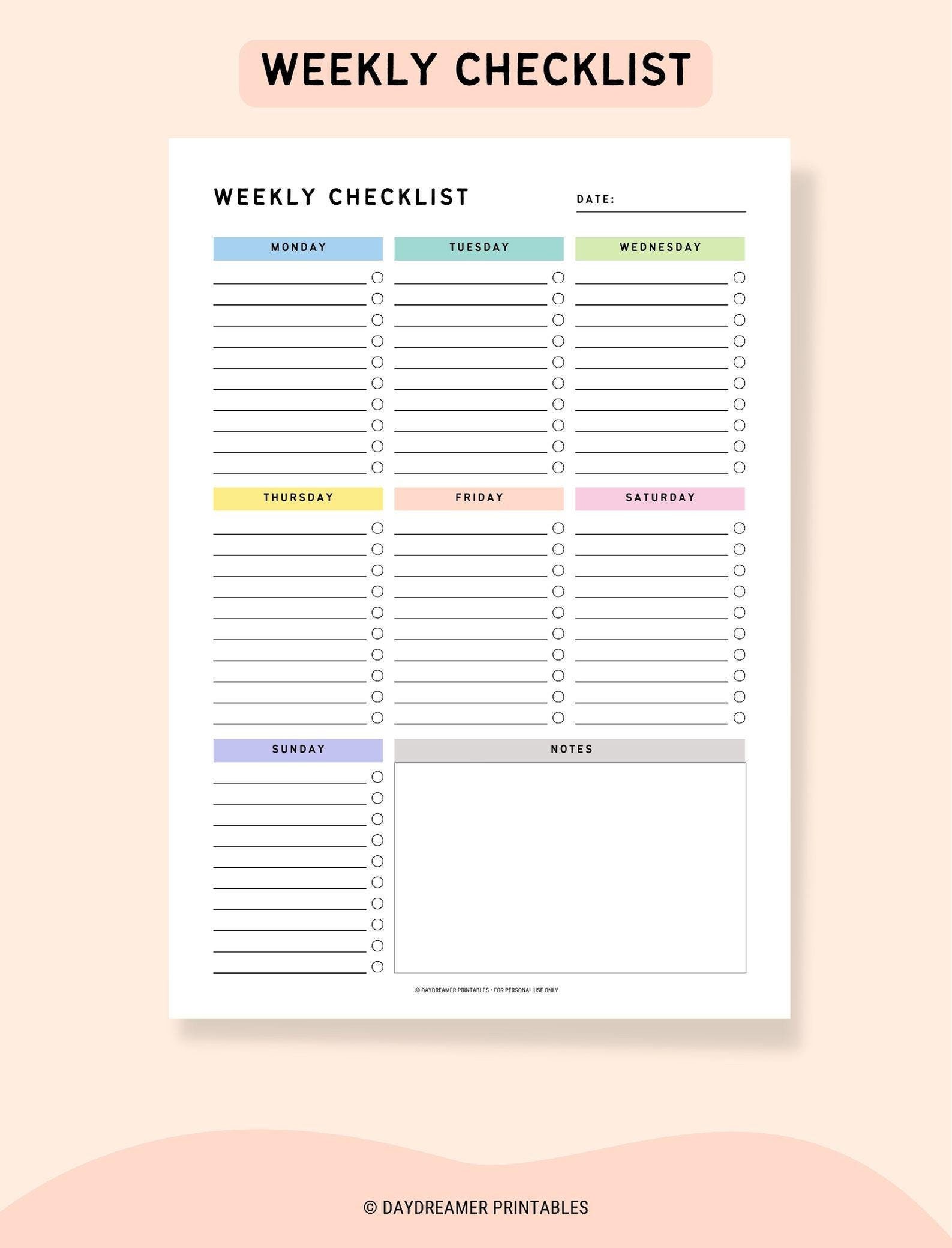 Weekly Checklist Printable, Weekly to Do List Planner, Weekly Calendar ...