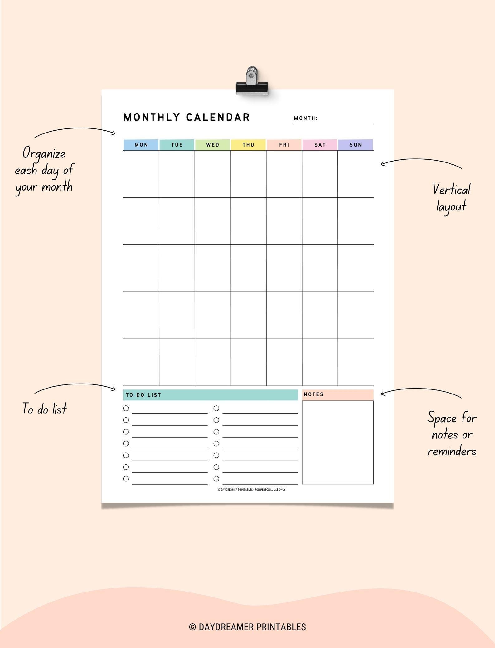 Monthly Planner Printable Vertical Calendar With Notes and to Do List ...