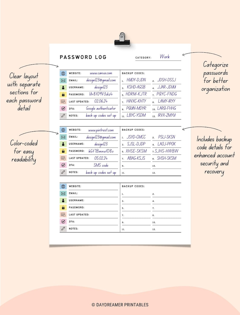 Password Log Printable, Password Tracker With 2FA and Backup Codes ...