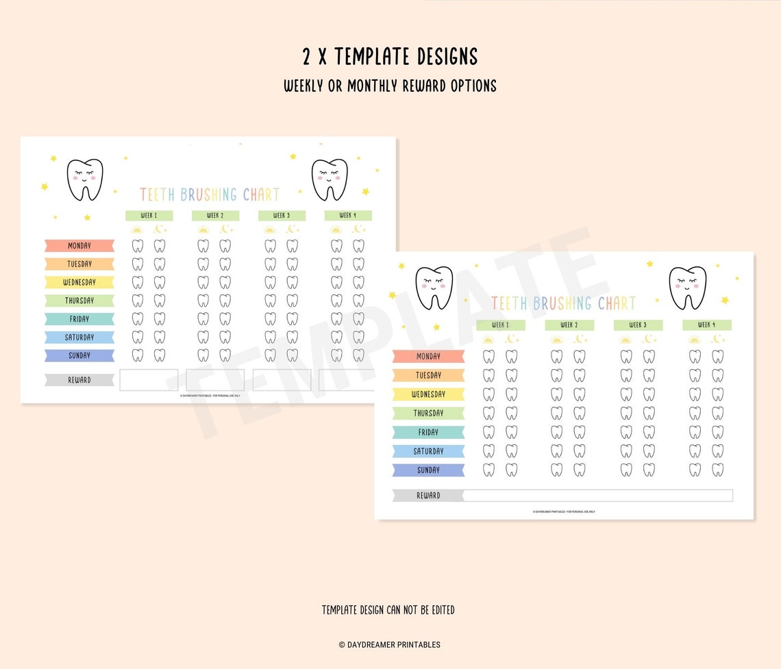 Kids Daily Teeth Brushing Visual Chart With Reward | Editable Monthly ...