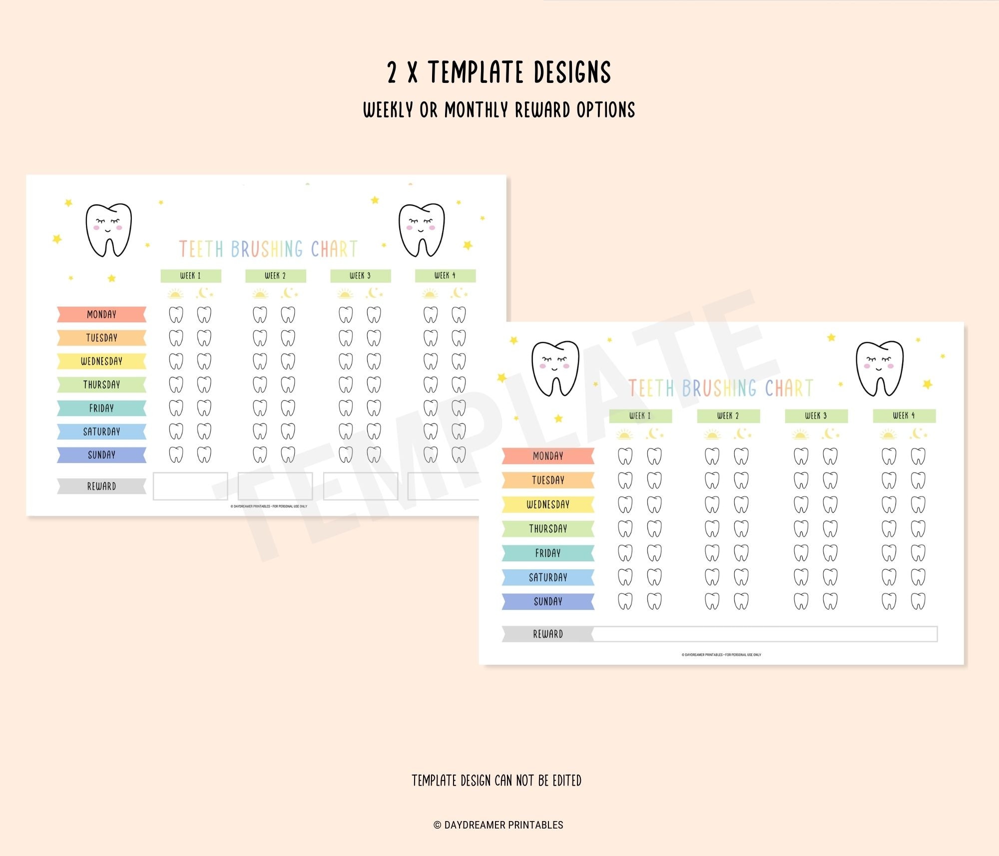 Kids Daily Teeth Brushing Visual Chart With Reward | Editable Monthly ...