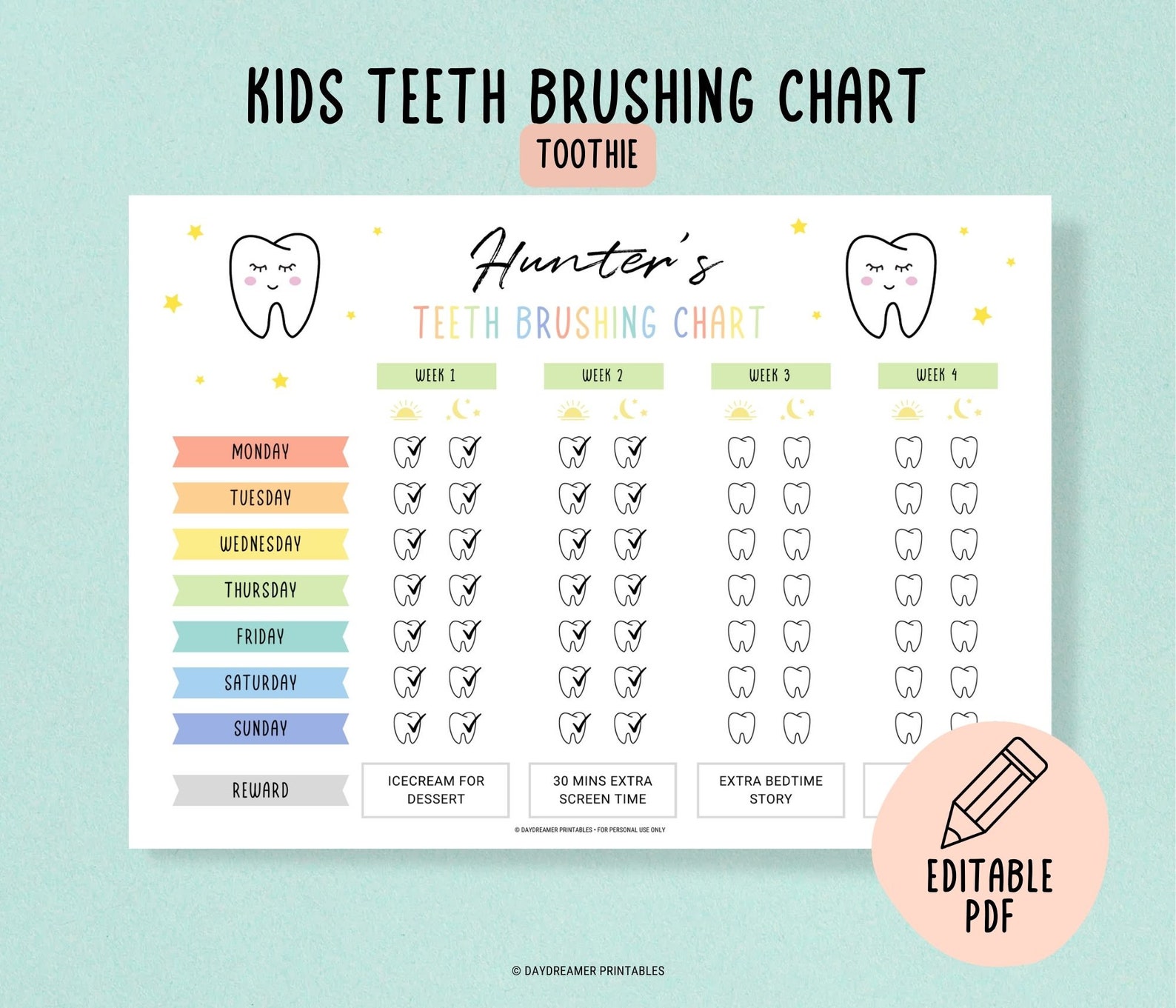Kids Daily Teeth Brushing Visual Chart With Reward | Editable Monthly ...