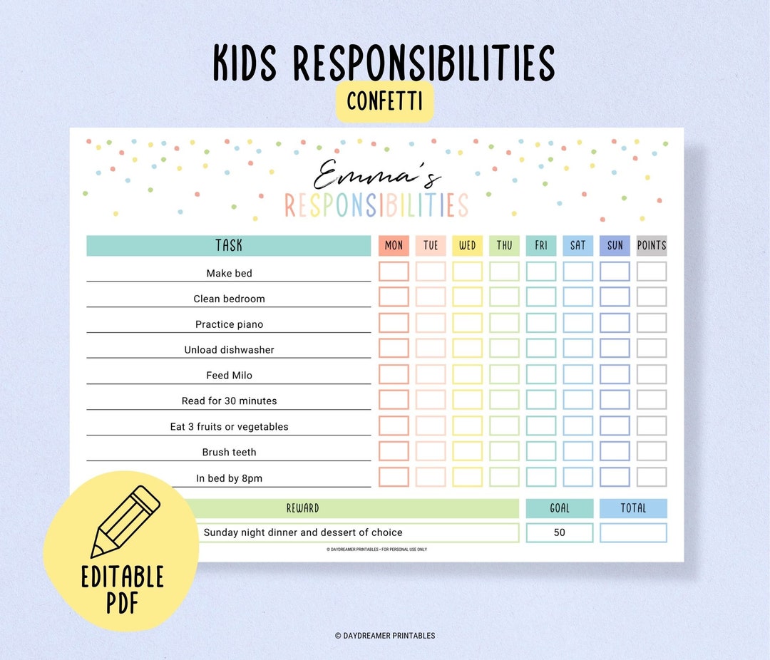 Kids Responsibility Chart Printable, Responsibility Chart for Kids ...