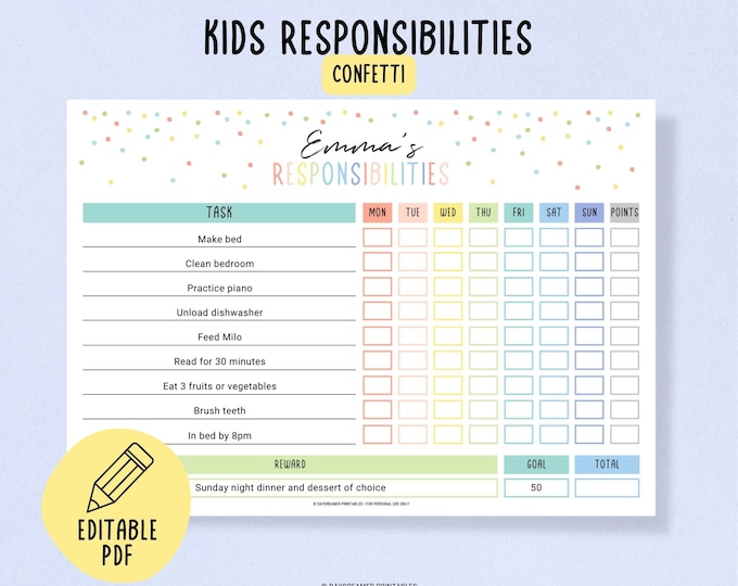 Editable Responsibility Chore Chart for Kids, Rainbow Responsibility ...