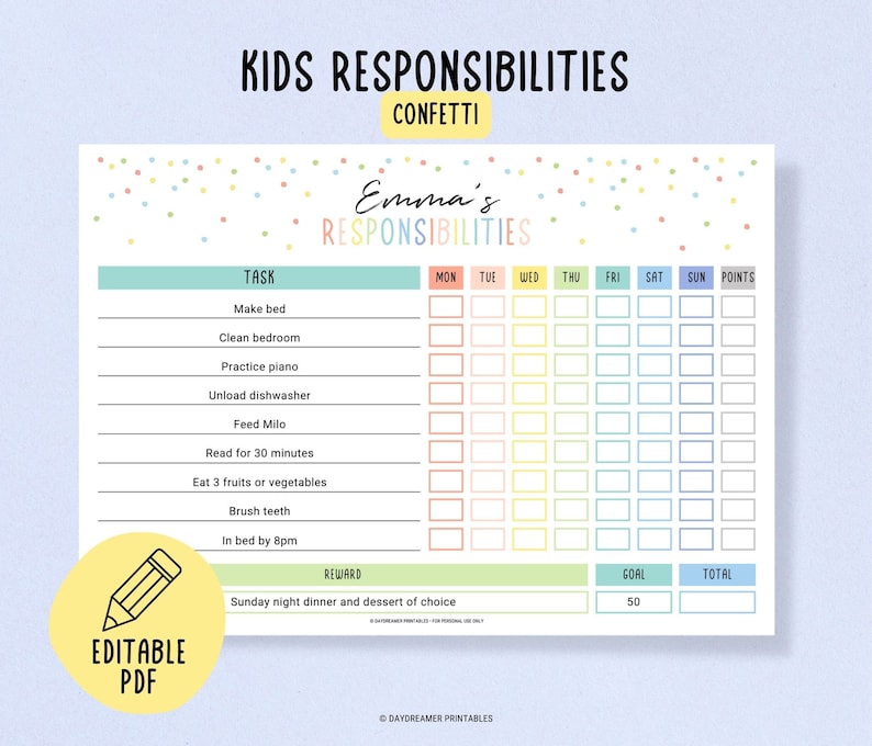 Kids Responsibility Chart Printable, Responsibility Chart for Kids ...