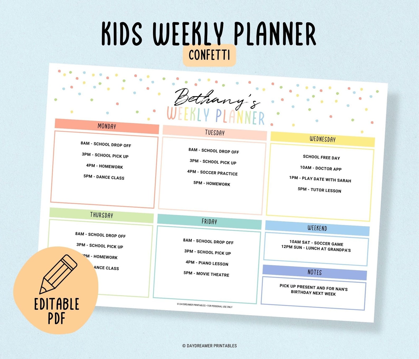 Editable Kids Weekly Calendar Template Printable Kids Weekly - Etsy ...