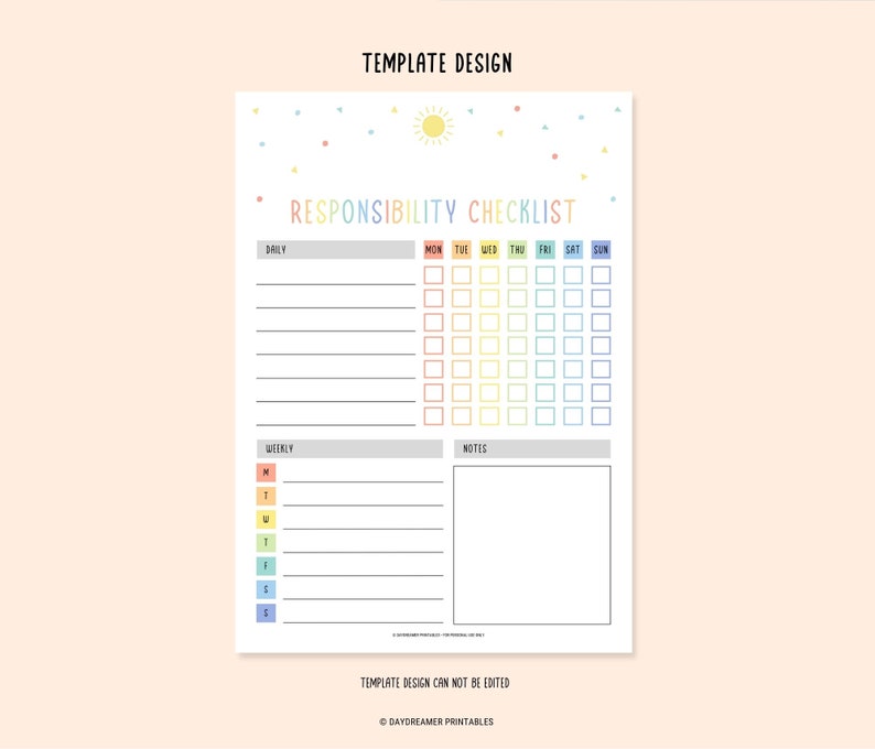 Editable Responsibility Chore Chart for Kids Rainbow - Etsy