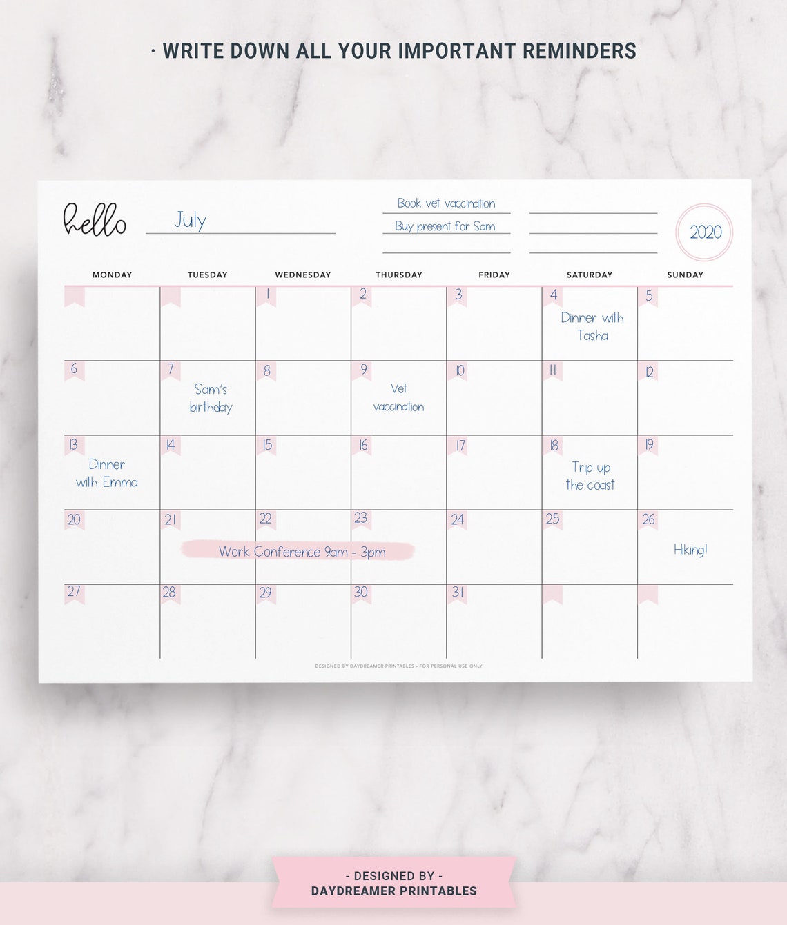 Printable Calendar, Undated Desk Calendar, Wall Calendar Printable ...