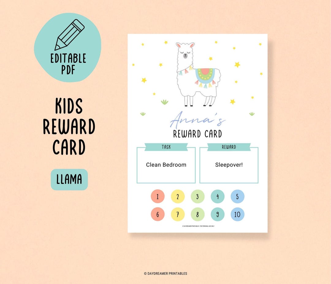 Kids Reward Card, Editable Reward Chart for Kids, Responsibility Chart ...