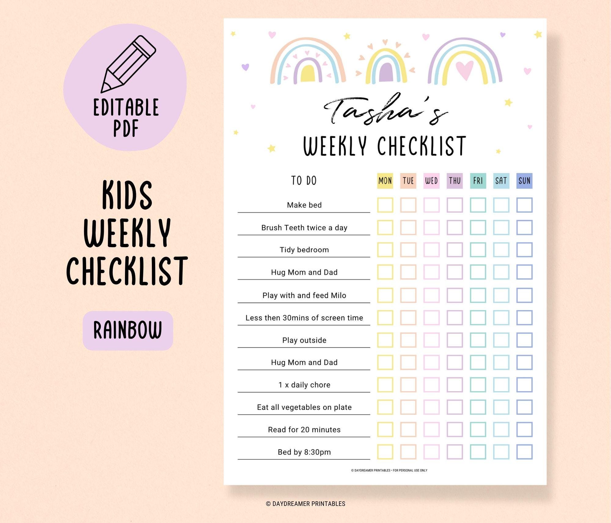 Editable Kids Weekly Routine Checklist, Behavior Chart for Kids, School ...