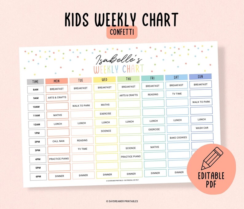 Editable Kids Weekly Planner Schedule Chart Kids Daily - Etsy