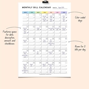 Monthly Bill Tracker PDF Printable Bill Calendar, Color-coded Monthly ...
