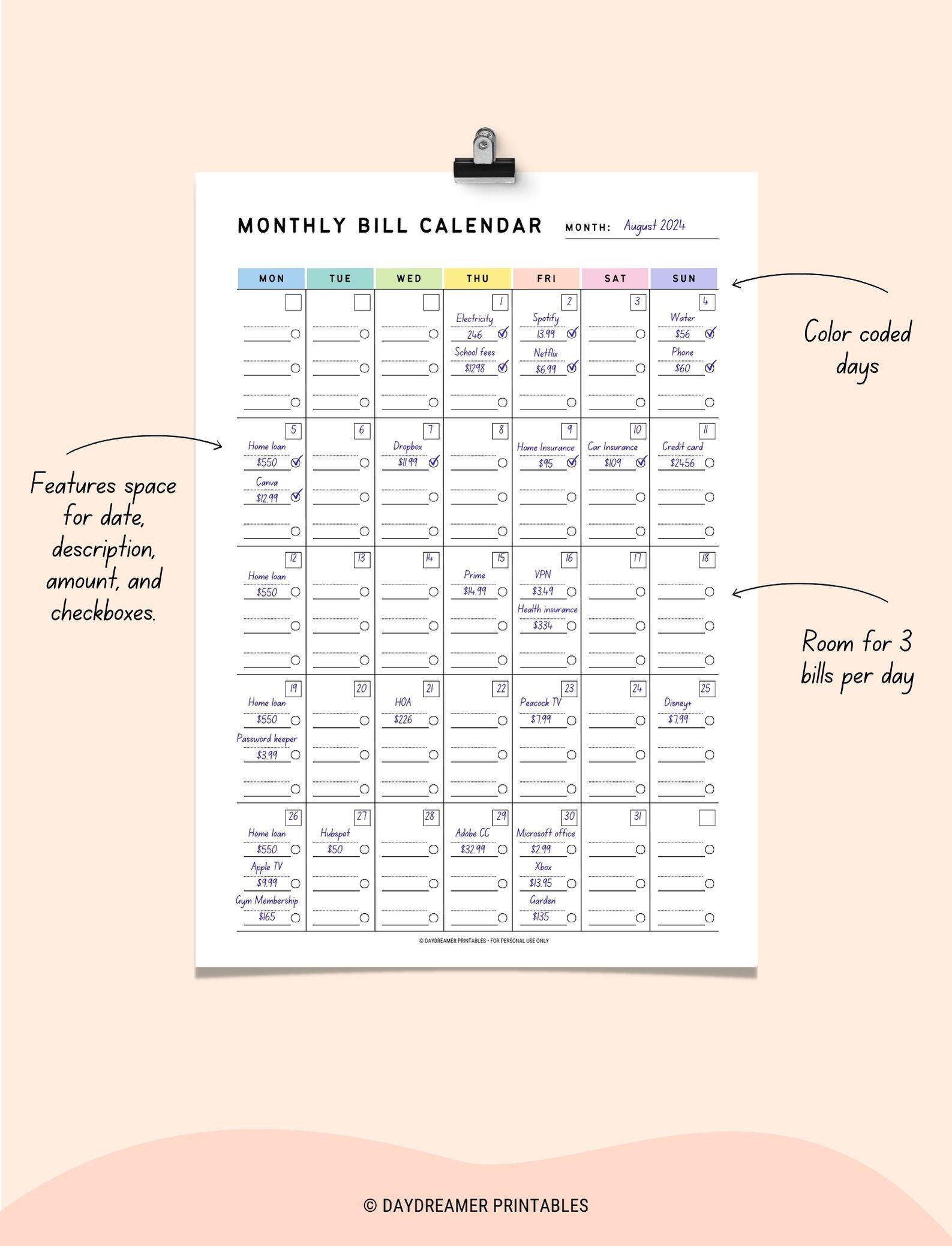 Monthly Bill Tracker PDF Printable Bill Calendar, Color-coded Monthly ...
