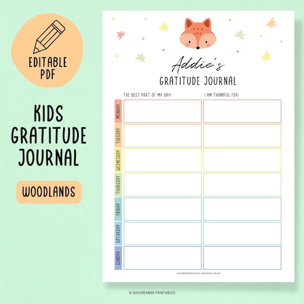 Gratitude Journal Printable Template for Kids, Personalized Daily ...