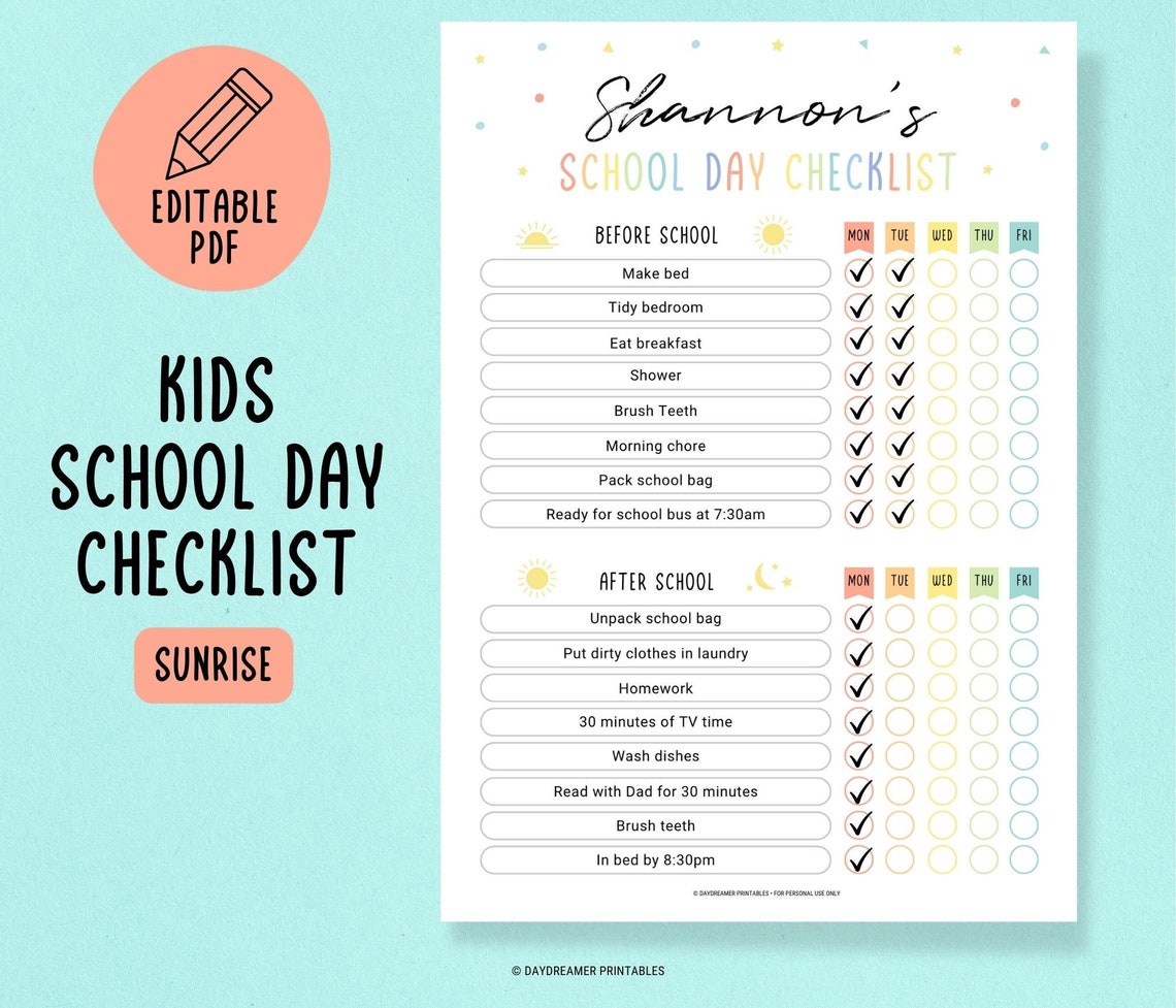 Kids Ready for School Daily Checklist Printable School Day - Etsy Australia