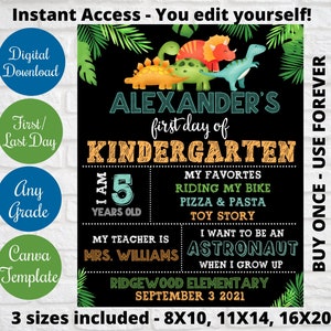 Editable Dinosaur First Day of School Sign Printable, Editable Canva ...
