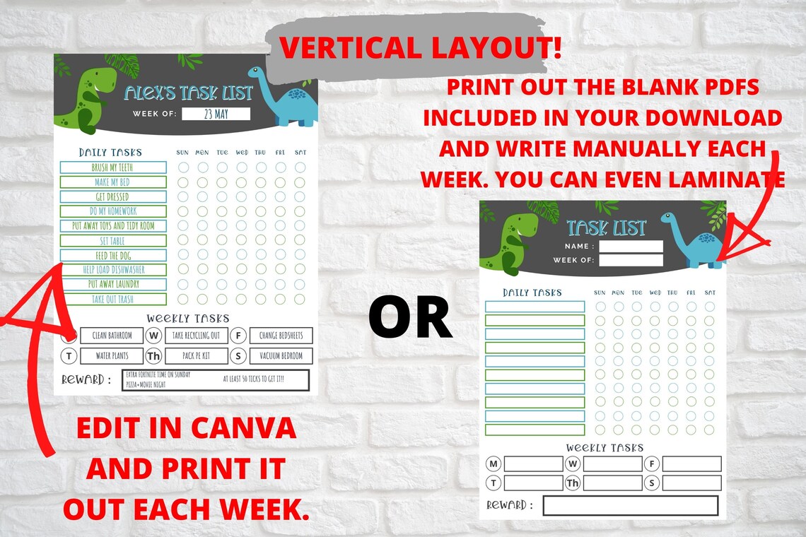 Cute Dinosaur Themed Responsibility Chore Chart for Kids in Editable ...
