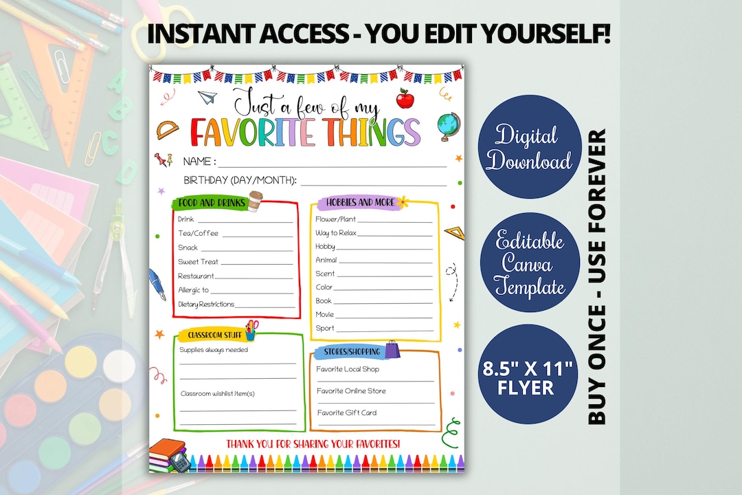 Editable Teacher Favorite Things List, Back to School Teacher Gift ...