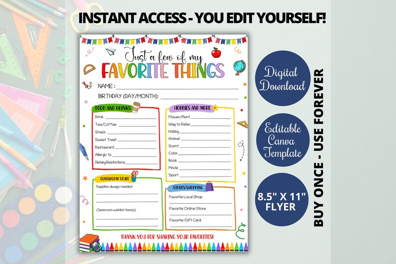 Editable Teacher Favorite Things List, Back to School Teacher Gift ...